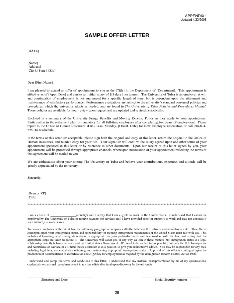 Sample Employment Offer Letter | PDF | Citizenship Of The United States ...
