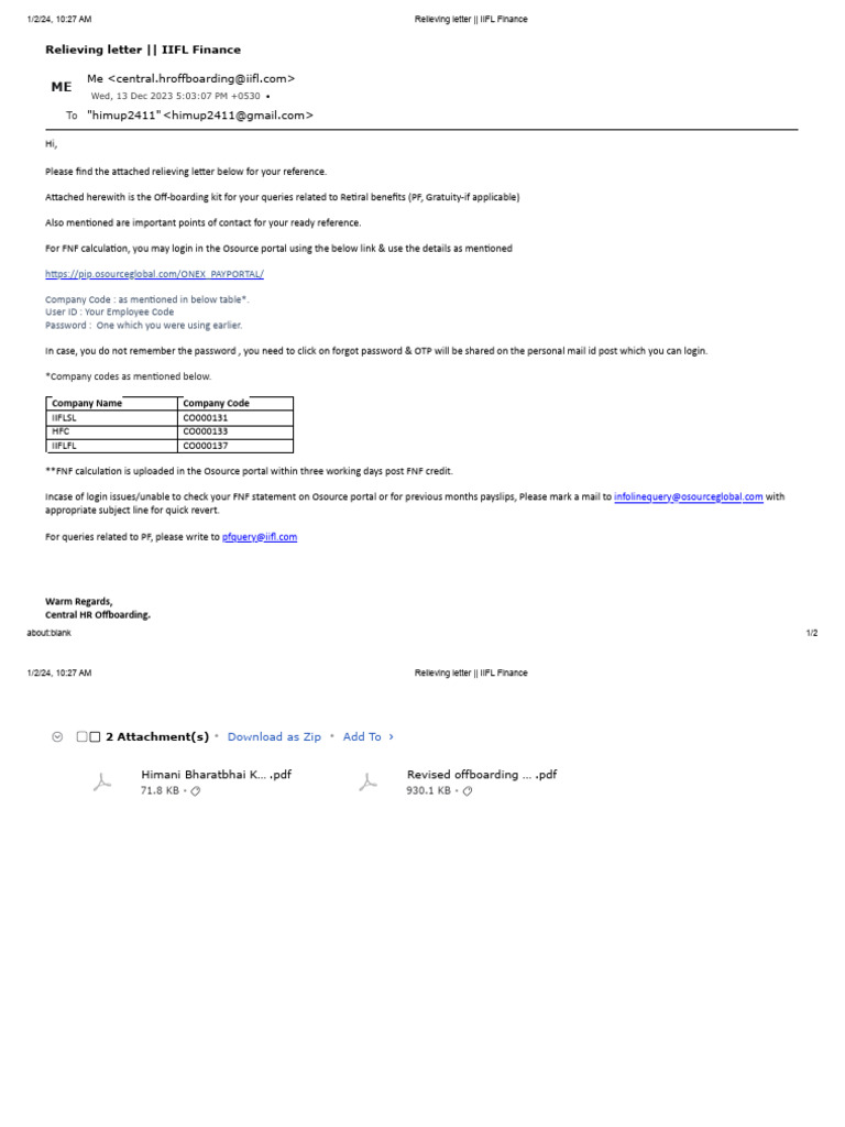 Relieving Letter - IIFL Finance | PDF