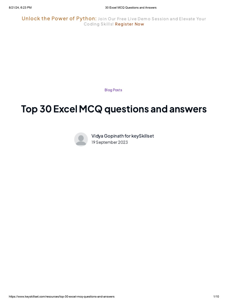 30 Excel MCQ Questions and Answers | PDF | Microsoft Excel | Computers