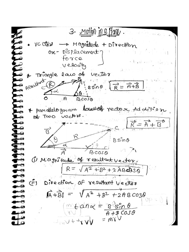 MOTION IN A PLANE. Physics Class 11 Handwritten Notes | PDF