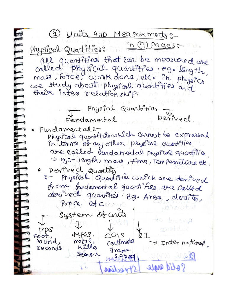 Units and Dimensions Physics Class 11 Hand Written Beautiful Notes | PDF