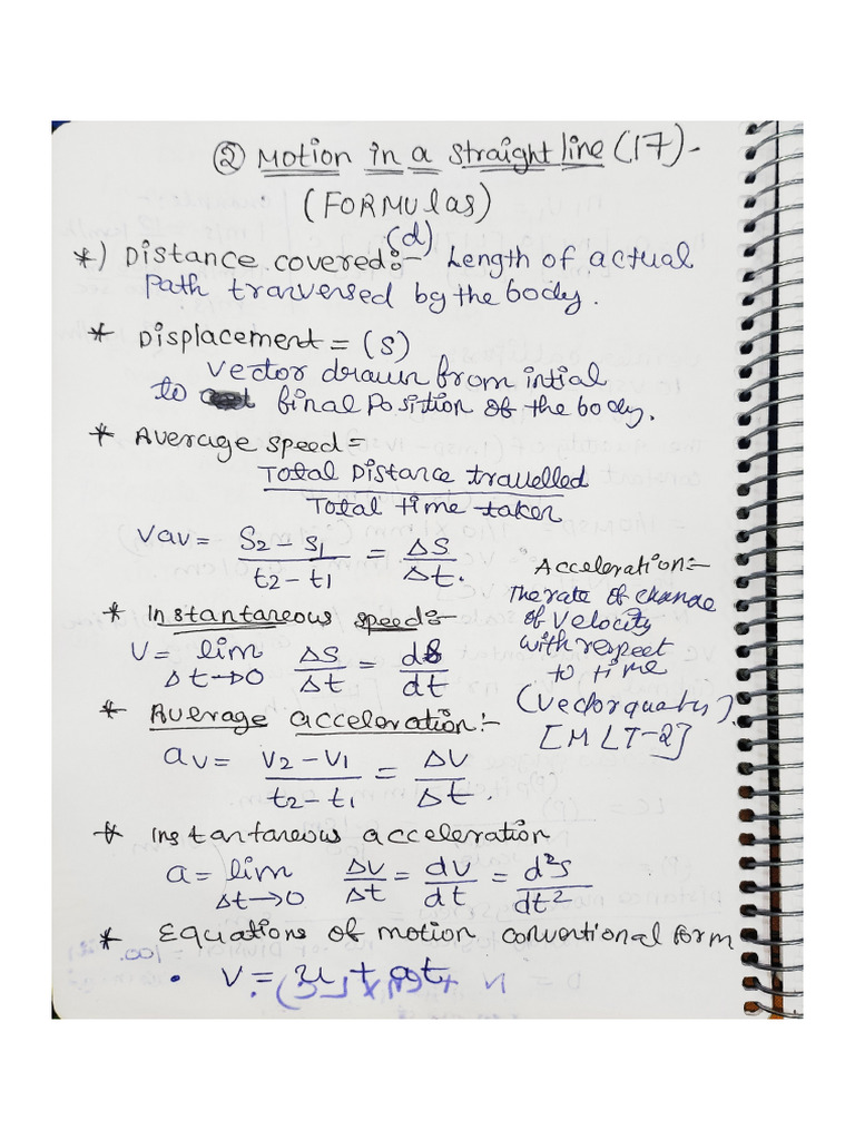 Motion in Straight Line Physics Class 12 Notes Handwritten Beautiful | PDF