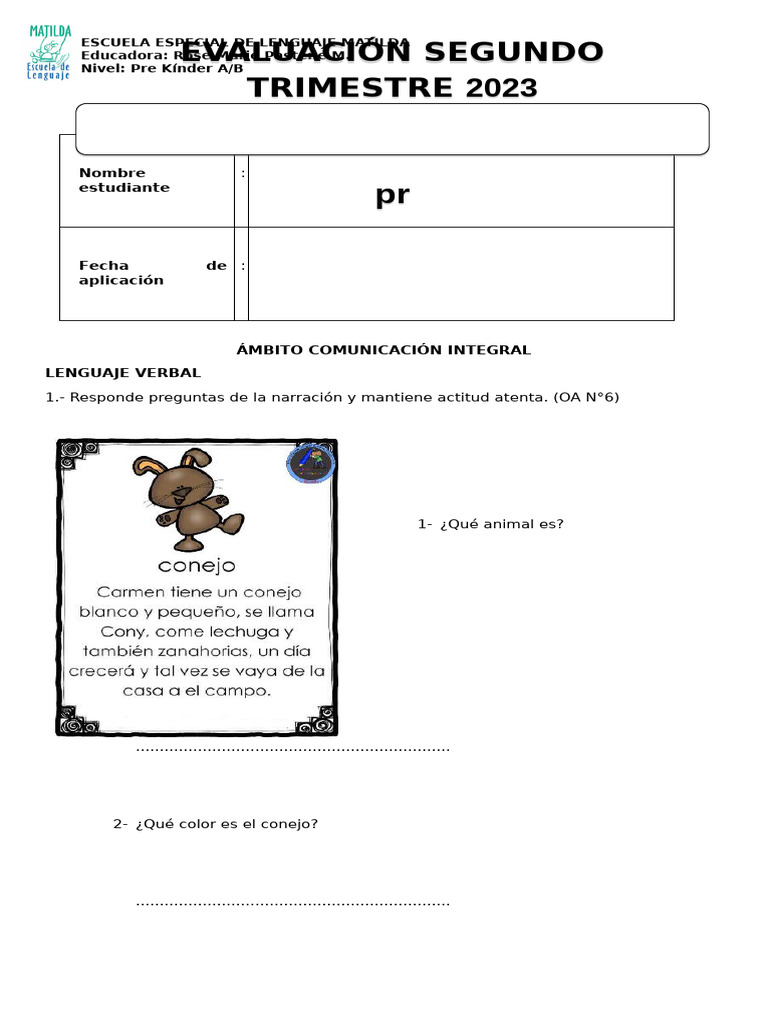 Prueba 2do Trimestre PK 2023 | PDF