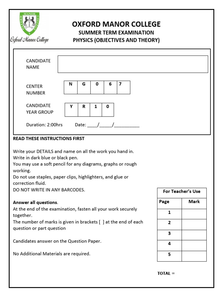Year 10 Physics Summer Term Exam (Obj and Theory) | PDF