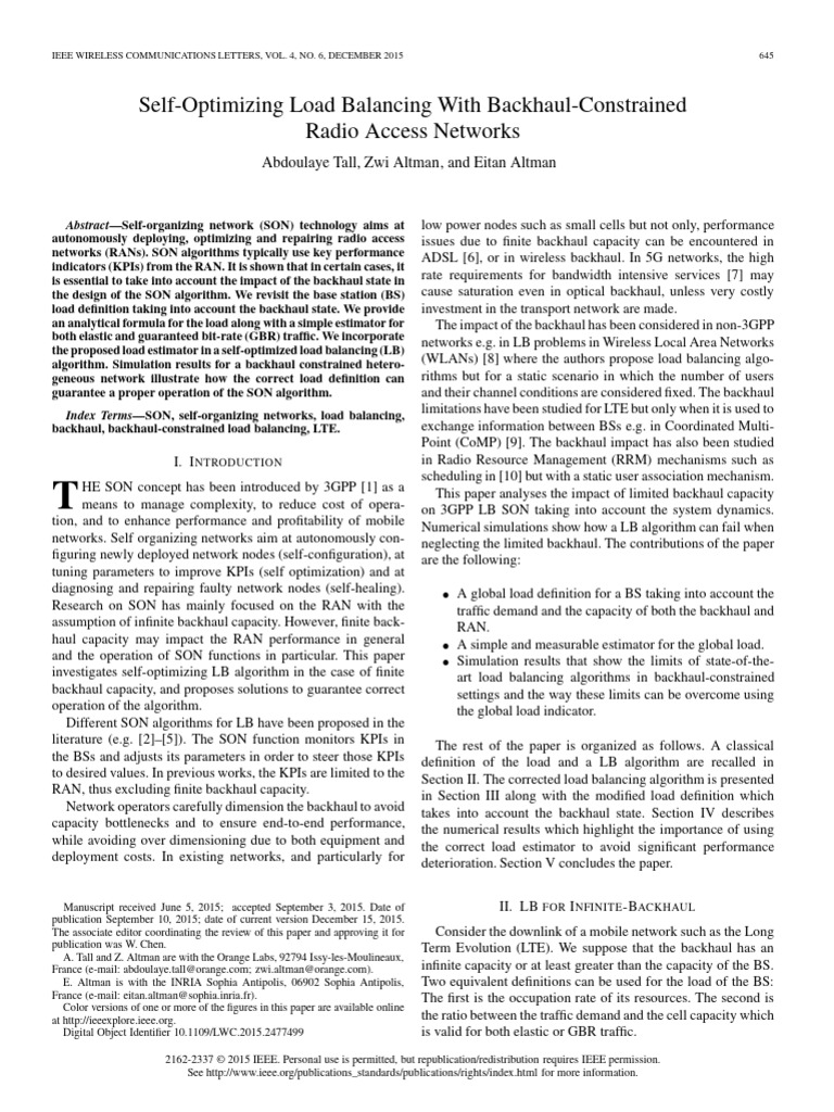 Self-Optimizing Load Balancing With Backhaul-Constrained Radio Access Networks | PDF