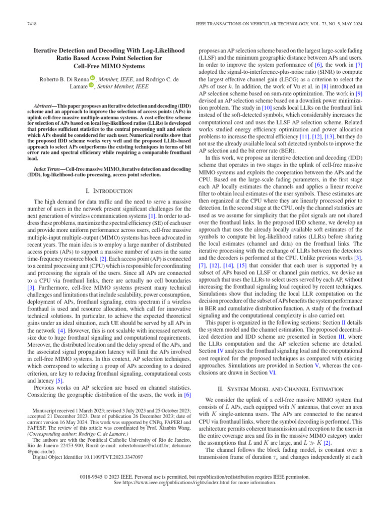 Iterative Detection And Decoding With Log Likelihood Ratio Based Access Point Selection For Cell