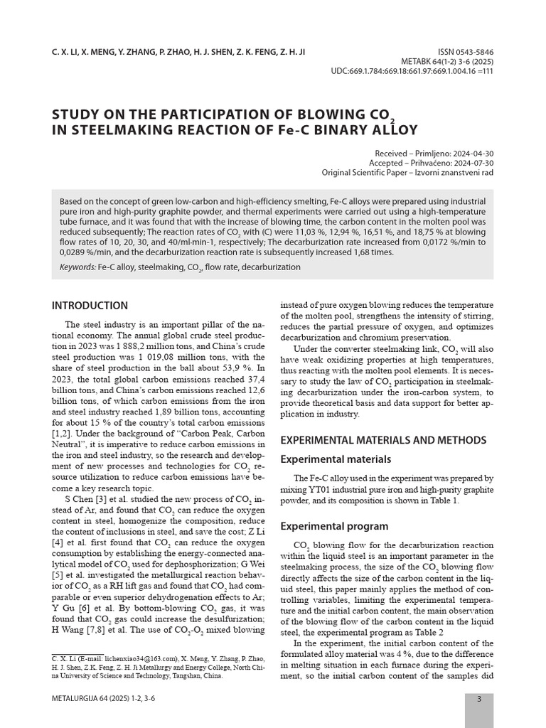 STUDY ON THE PARTICIPATION OF BLOWING CO2 IN STEELMAKING REACTION OF Fe-C BINARY ALLOY | PDF