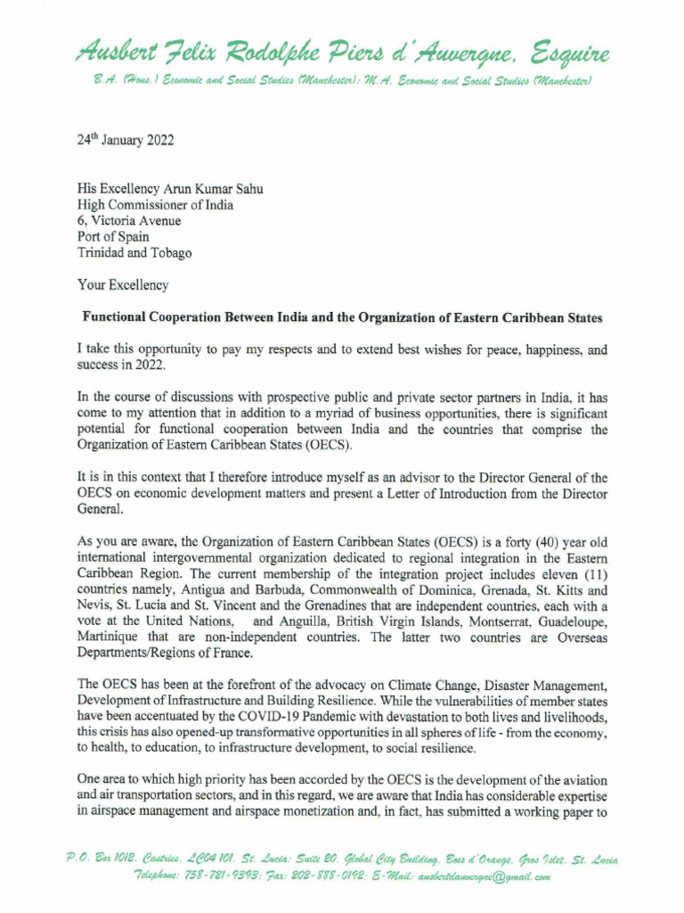 Letter To His Excellency The High Commissioner of India | PDF