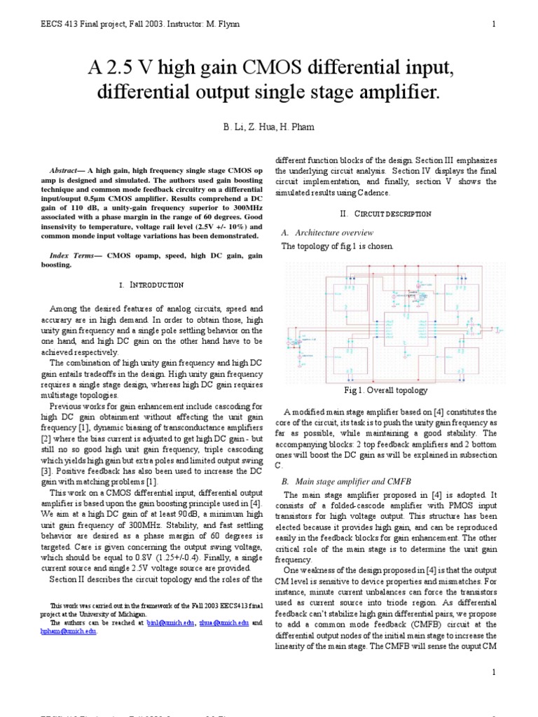 A 2.5 V High Gain CMOS Differential Input, Differential Output Single ...