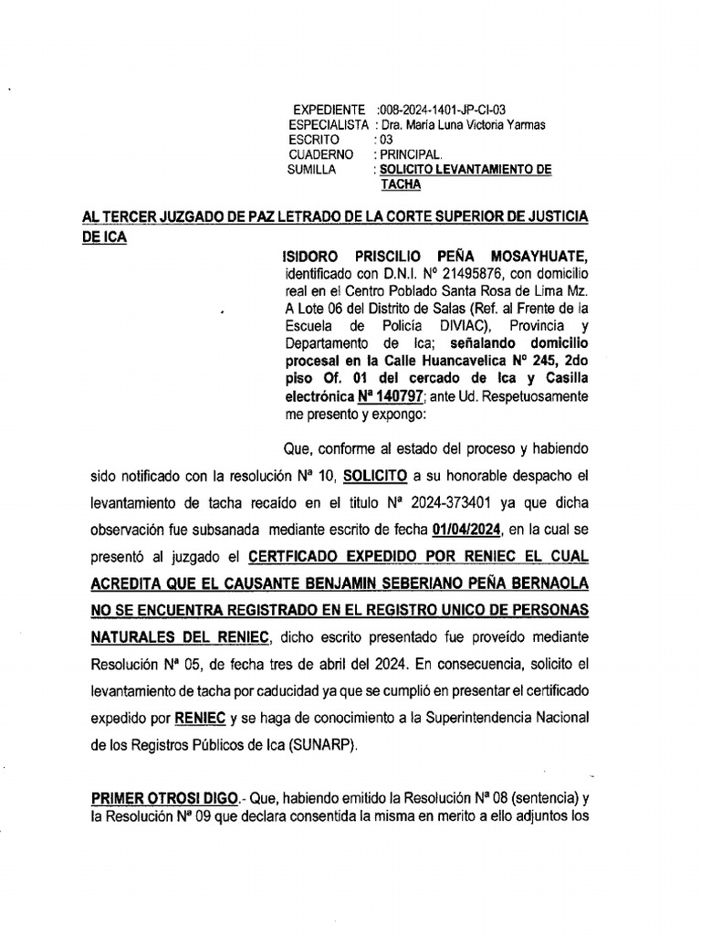 Solicito Levantamiento de Tacha | PDF