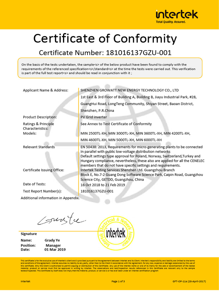 certificado growatt MIN-2500-6000TL-XH-EN50438-1-1 | PDF