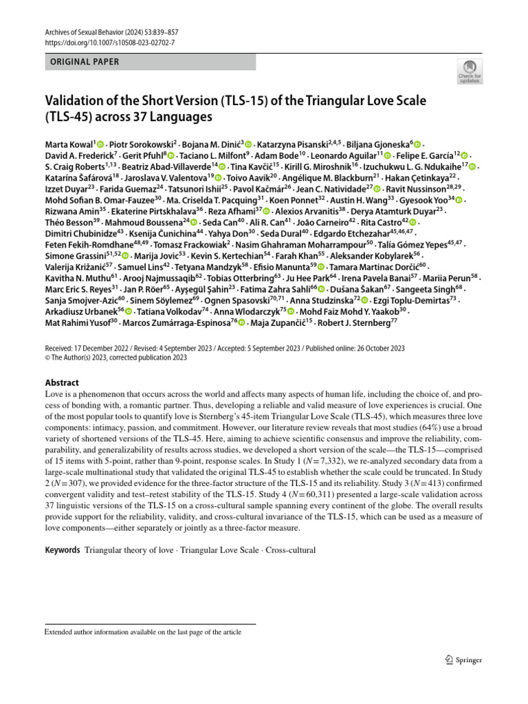 Validation Of The Short Version Tls 15 Of The Triangular Love Scale
