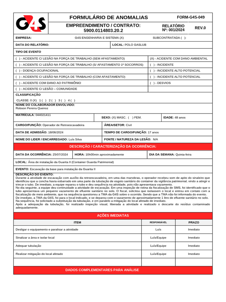 Form-G4s-049 - Formulário de Anomalia SMS - Julho 2024 | PDF