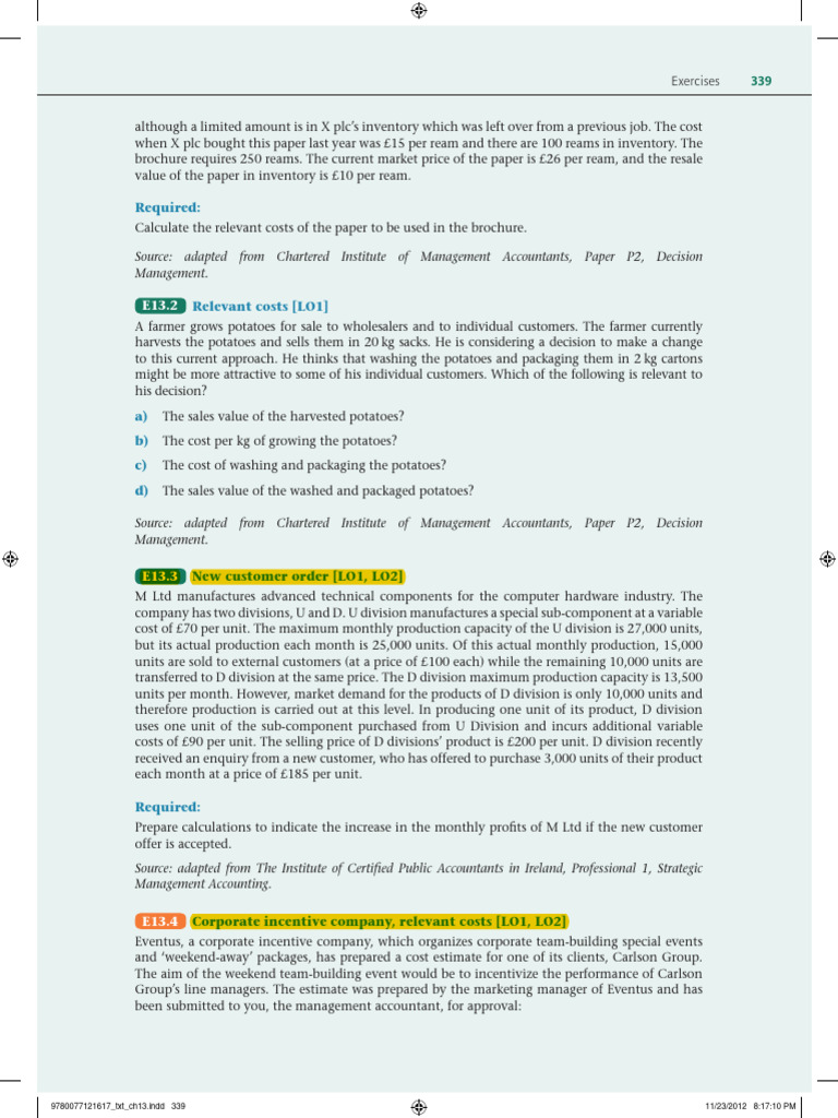 Relevant Costs Exercises | PDF