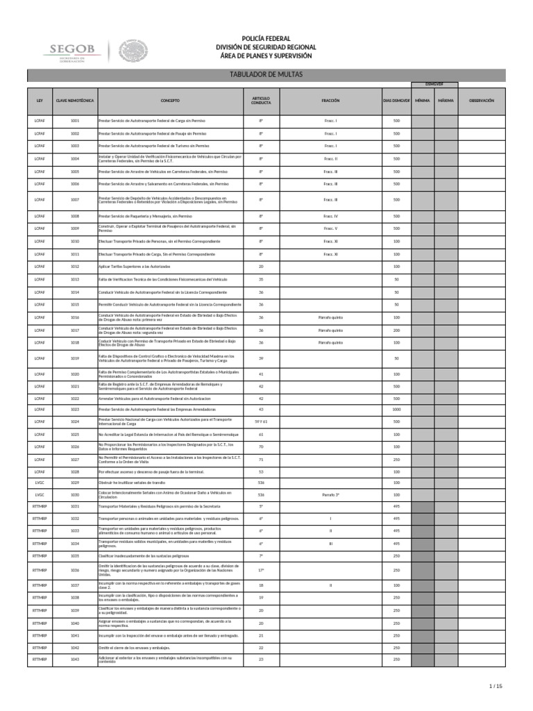 Tabulador Nuevo Reglamento de Transito Operaciones | PDF