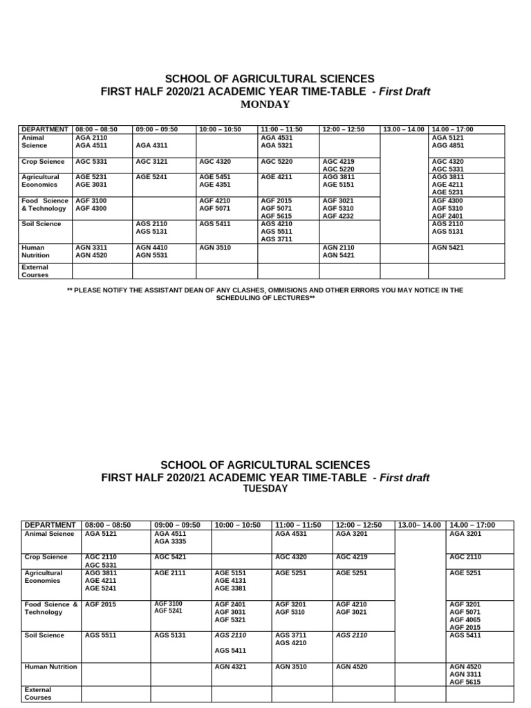 2020-2021-First Half Timetable - 1st Draft | PDF