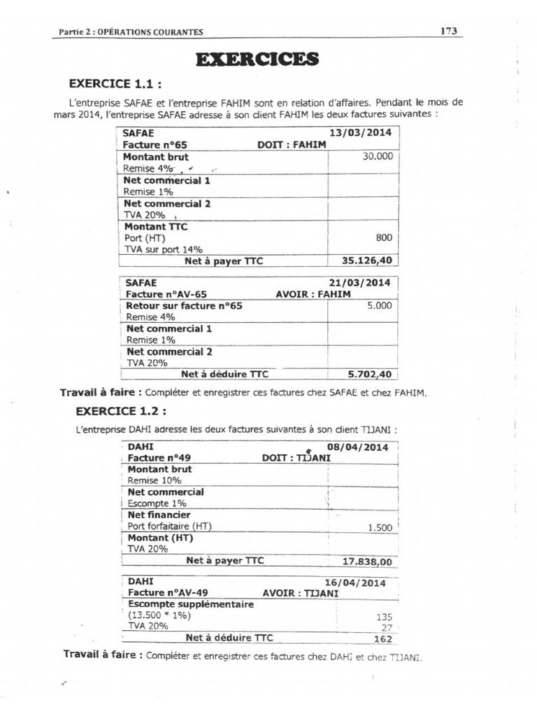 Serie Des Exercices Avec Corrigée_ Facture Doit, Facture Avoir ...