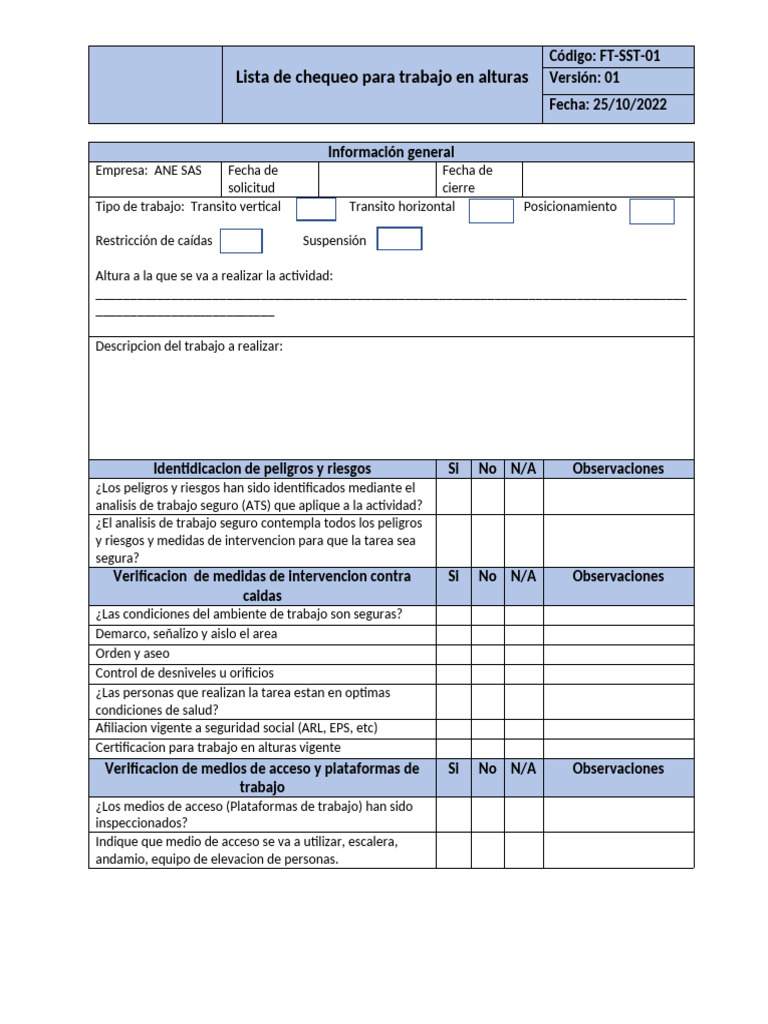 Lista de Chequeo de Trabajo en Alturas | PDF