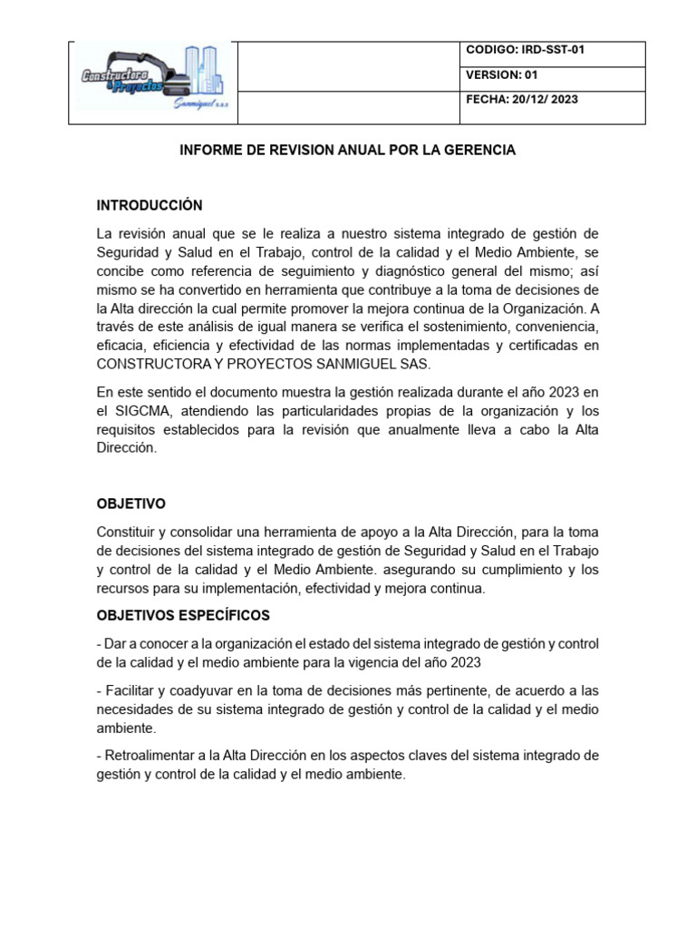 Informe de Revision Anual Por La Gerencia | PDF