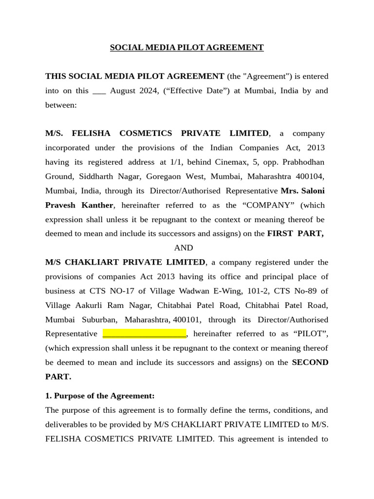 Social Media Pilot Agreement | PDF