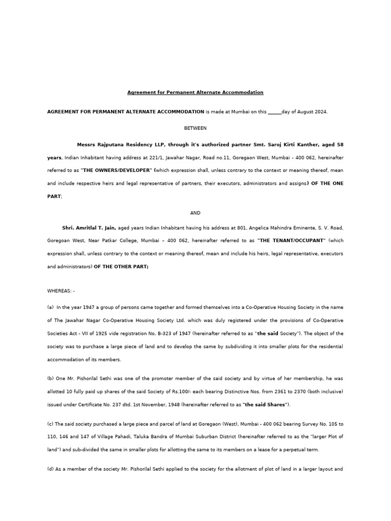 Amritlal Jain Agreement For Permanent Alternate Accommodation | PDF