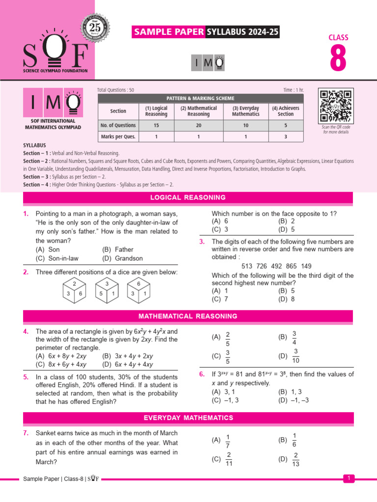 Class 8 IMO Sample Paper 2024-25 | PDF | Mathematics | Teaching Methods ...