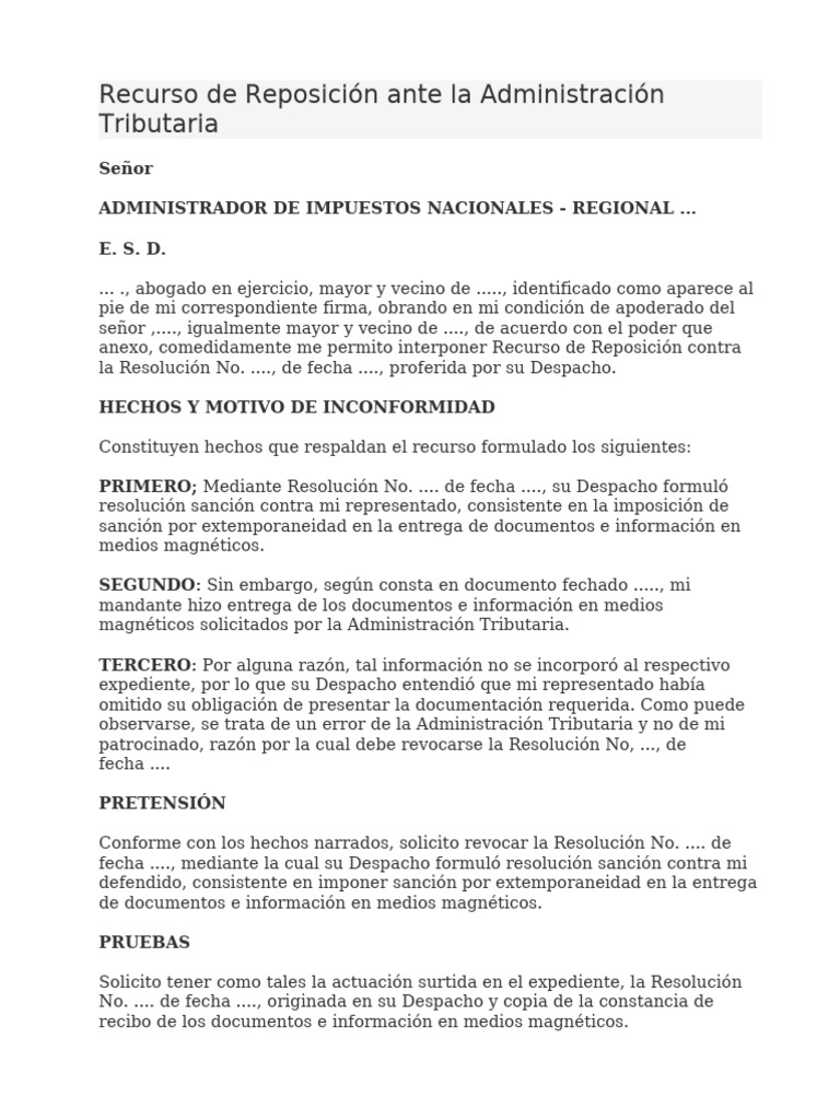 Recurso de Reposición ante la Administración Tributaria | PDF