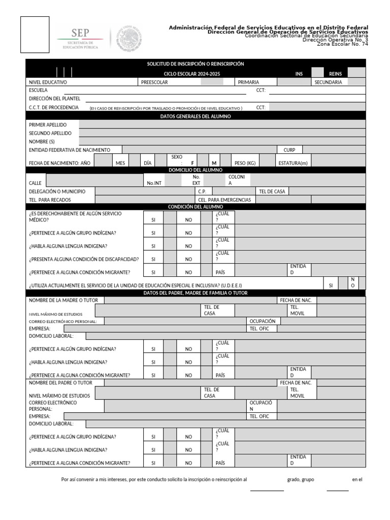 Solicitud de Inscripción o Reinscripción 2024-2025 | PDF