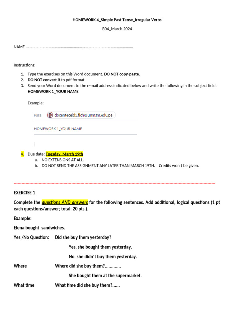 HOMEWORK - Simple Past Tense - Irregular Verbs | PDF