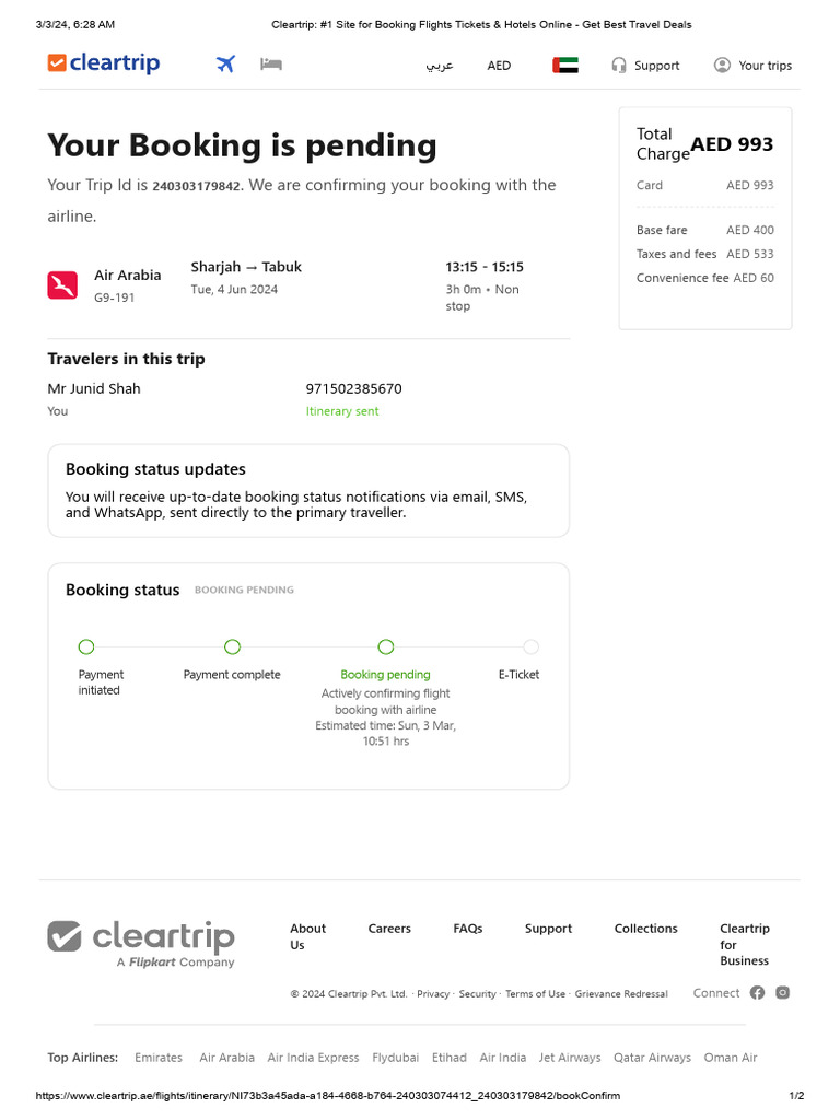 Cleartrip Flight Booking Pending | PDF | Dubai | Airlines