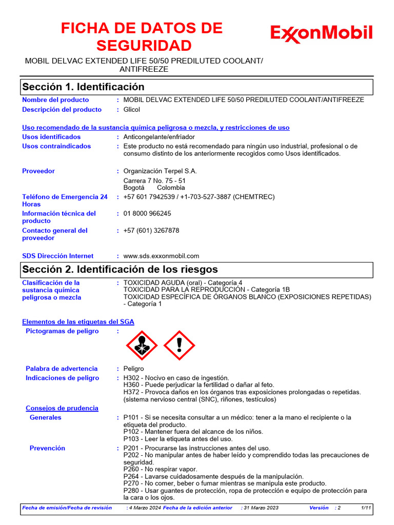 Mobil Delvac Extended Life 50-50 Prediluted Coolant MSDS | PDF
