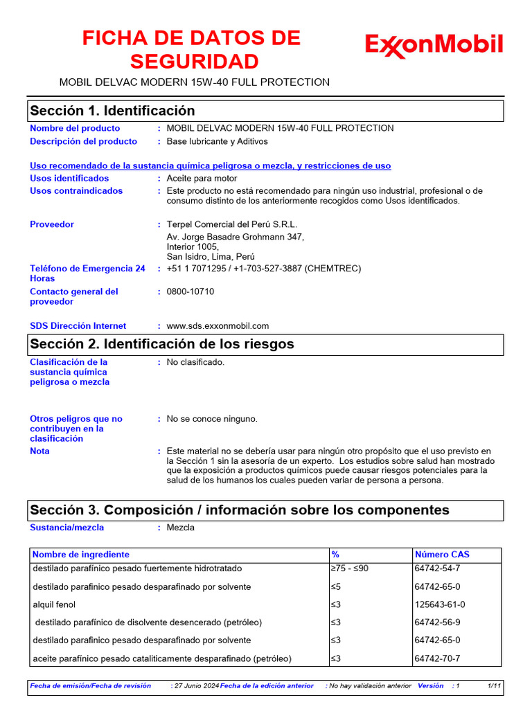 Mobil Delvac Modern 15W40 Full Protection MSDS | PDF