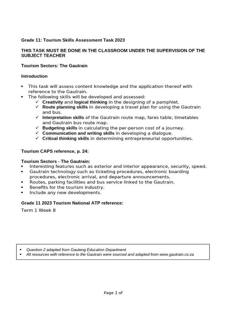 2023 GR 11 Tourism Skills Assessment Task | PDF | Fare | Service Industries