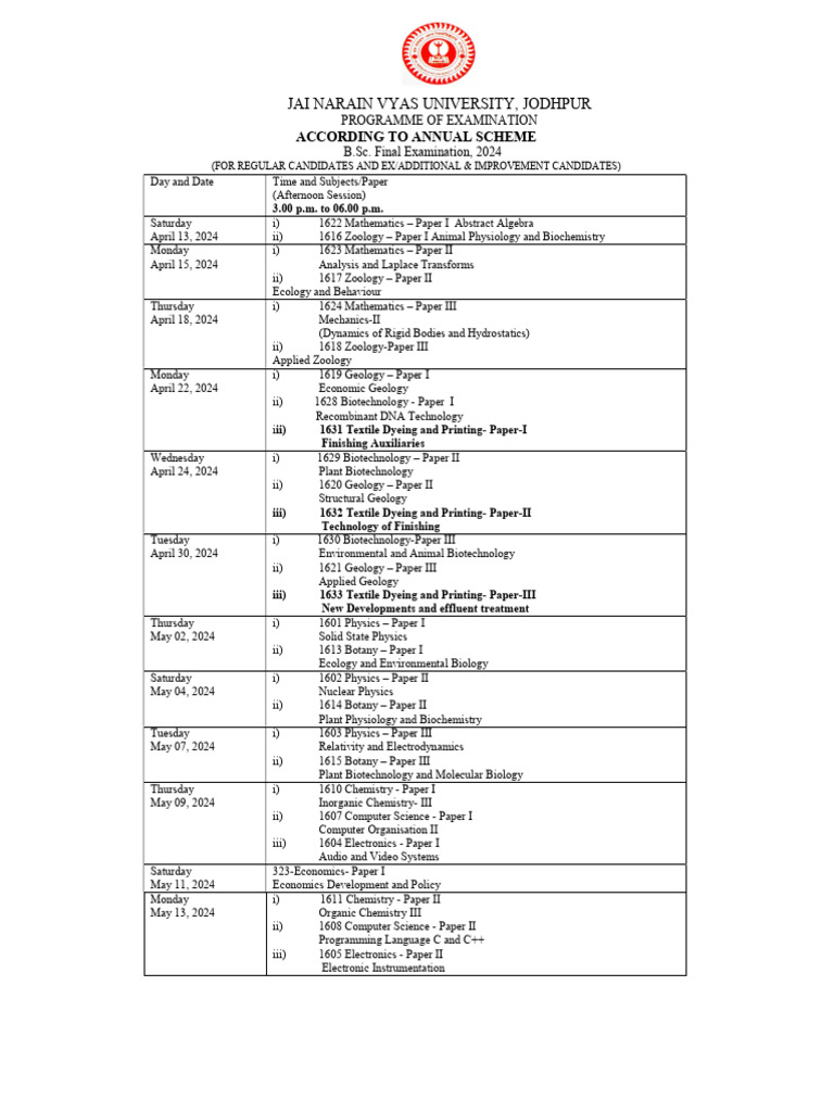 B.SC - III Year Time Table | PDF | Zoology | Computers
