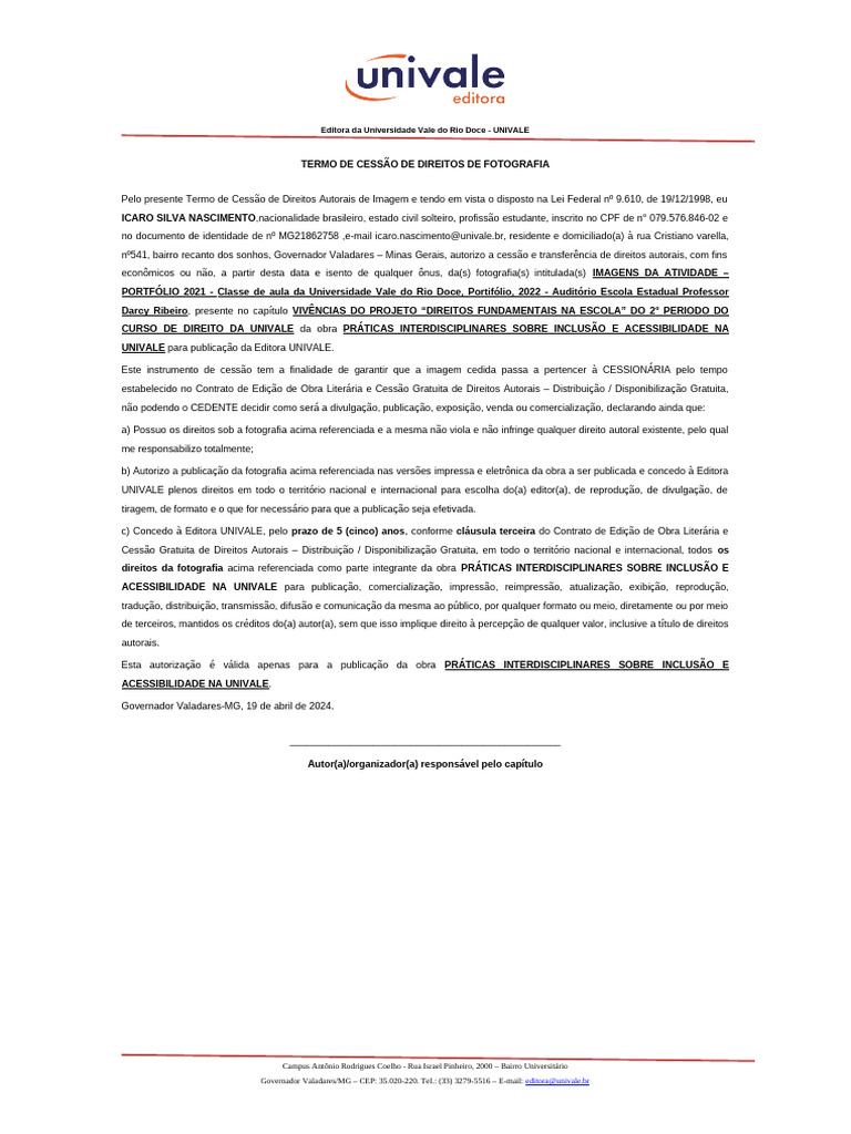 Termo De Cessão De Direitos De Fotografia Pdf