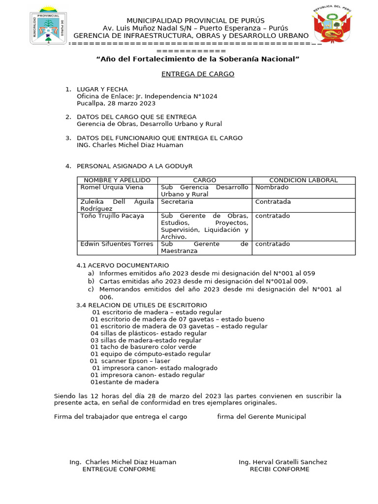 Entrega de Cargo en Gerencia de Obras Purús | PDF | Hogar, jardinería y ...