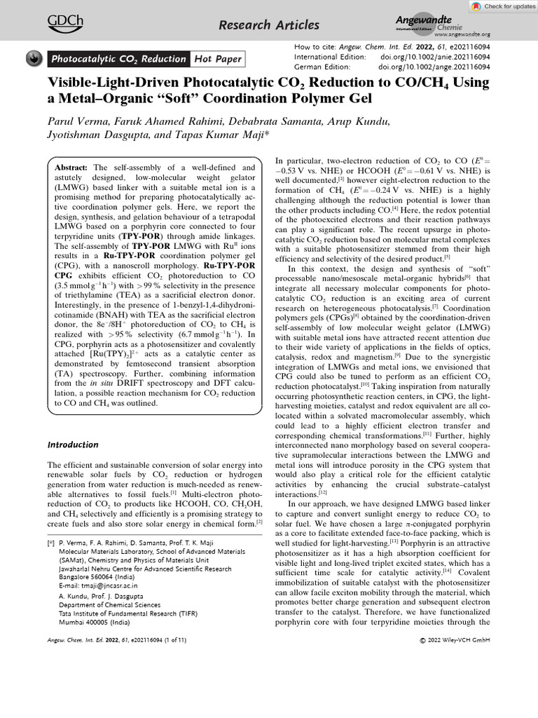 Angew Chem Int Ed - 2022 - Verma - Visible Light Driven Photocatalytic CO2 Reduction To CO CH4 ...
