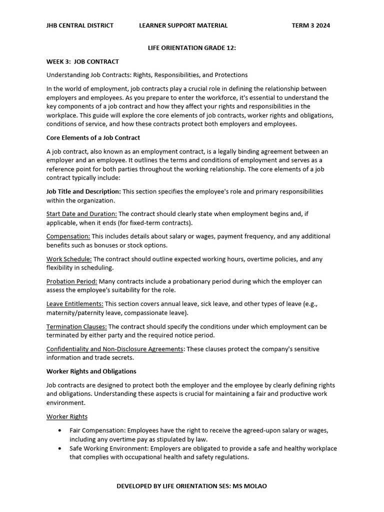 Understanding Job Contracts for Grade 12 | PDF | Employment | Business