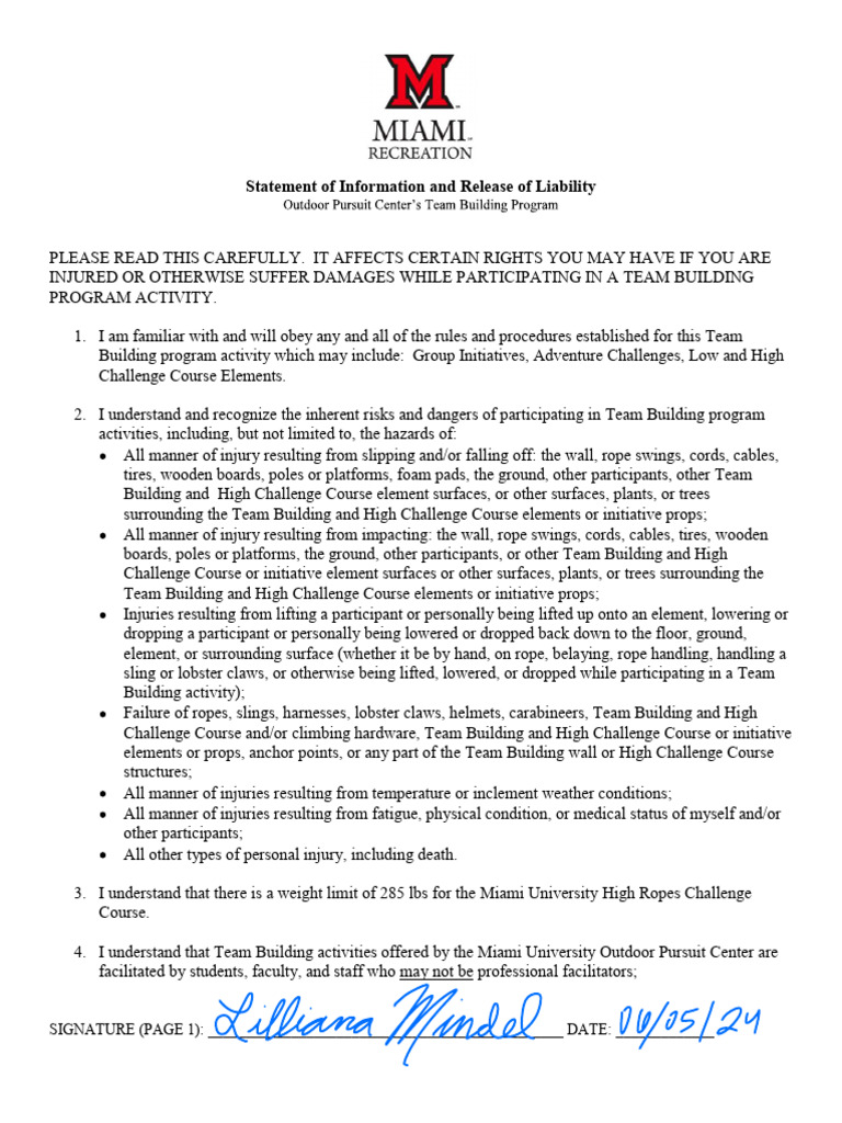 4_Miami University Team Building Waiver | PDF