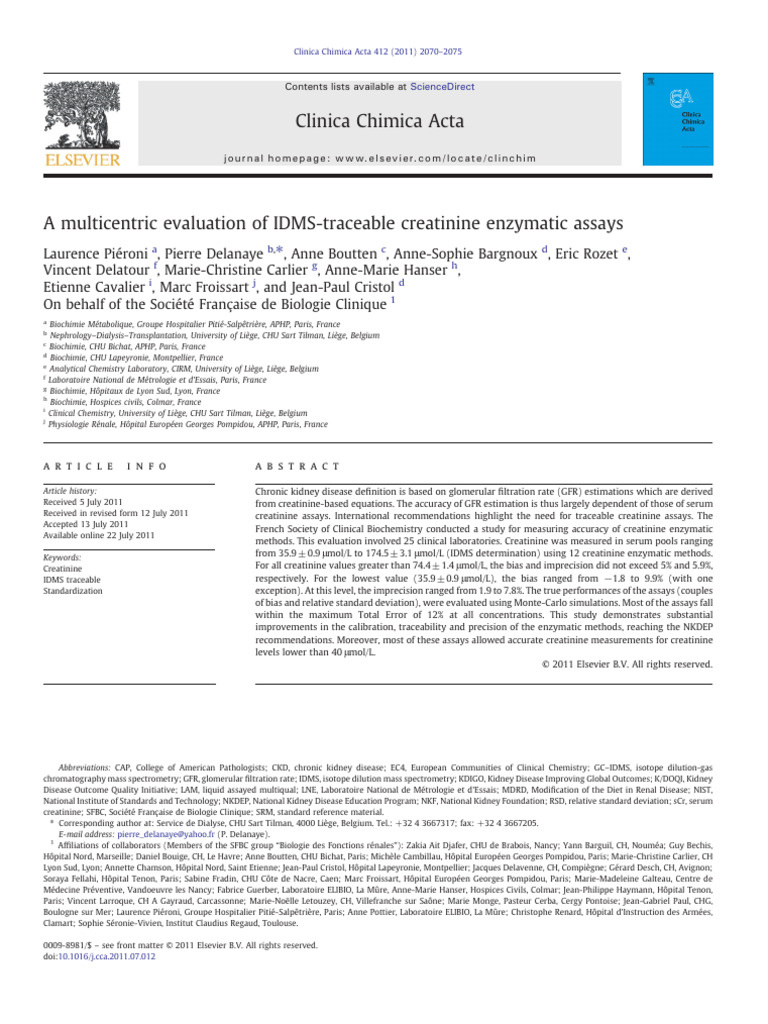 12 A Multicentric Evaluation of IDMS-traceable Creatinine Enzymatic ...
