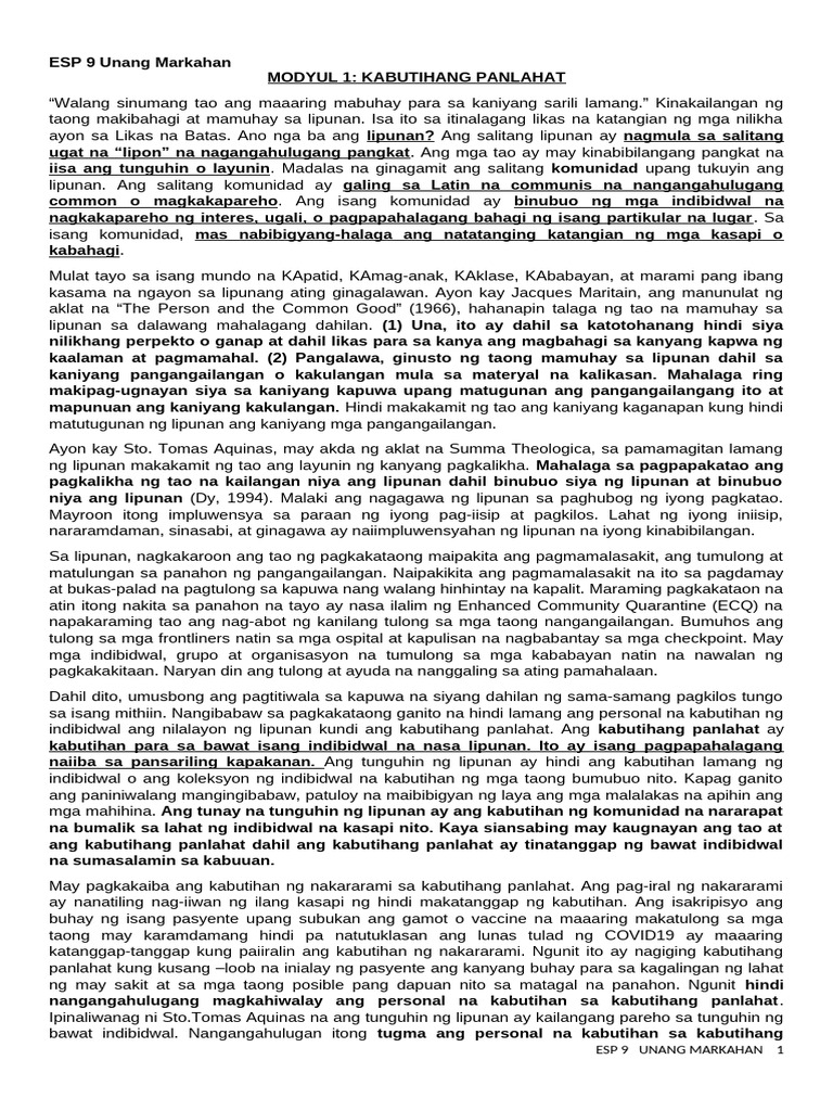 Q1 Esp 9 Lecture Modyul 1 | PDF