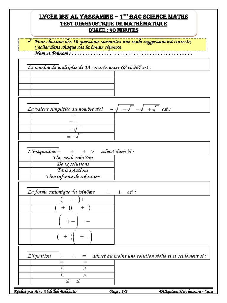 Test Diagnostic 1ère Sc Maths | PDF