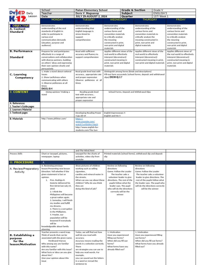 Q1 DLL English WK 1 | PDF