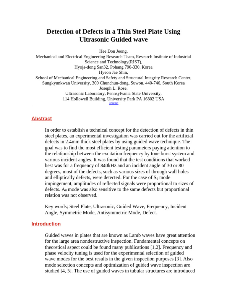 Detection of Defects in A Thin Steel Plate Using Ultrasonic Guided Wave ...