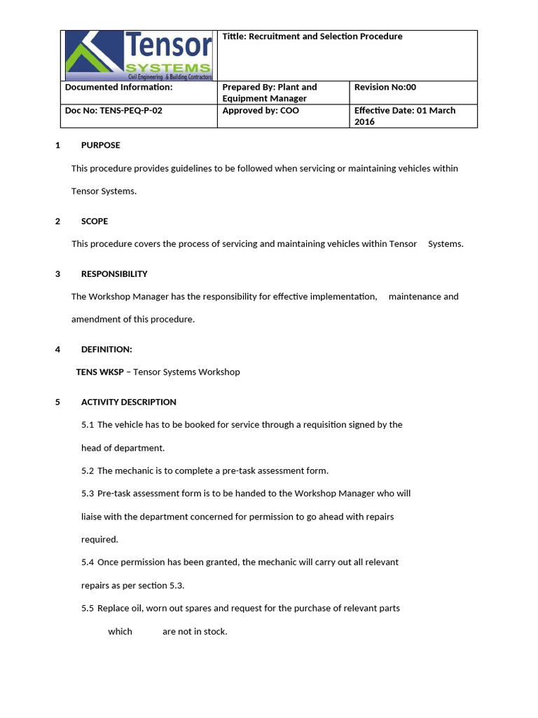 TENS-PEQ-P-02 Servicing and Maintanance of Vehicles Procedure | PDF