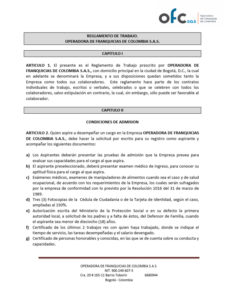 Reglamento de Trabajo Ofc 2022 | PDF