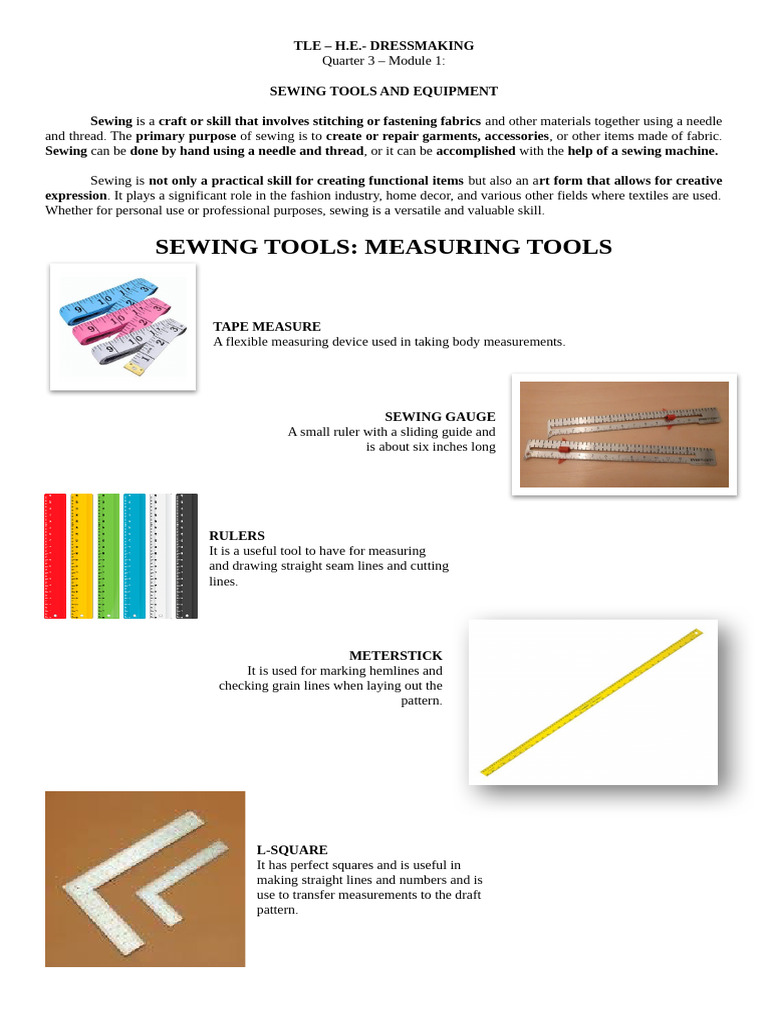 SEWING TOOLS AND EQUIPMENT Module | PDF | Sewing | Seam (Sewing)
