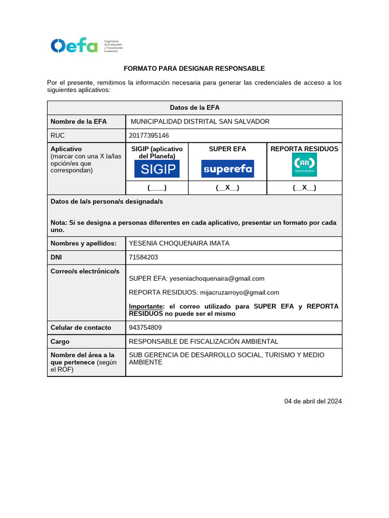 Formato para Designar Responsable SIGIP, SUPER EFA y REPORTA RESIDUOS | PDF
