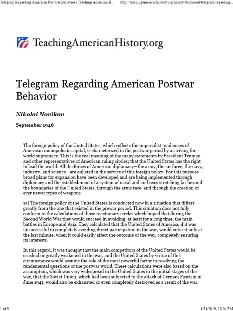 Novikov S Telegram Regarding American Postwar Behavior | PDF