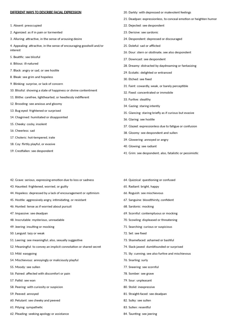 Different Ways To Describe Facial Expression | PDF | Emotions | Psychology